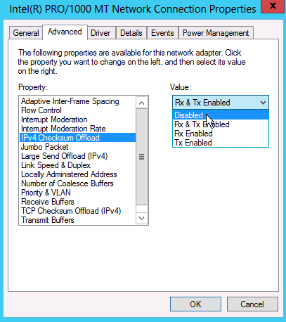 Windows 2012 with e1000e could cause data corruption