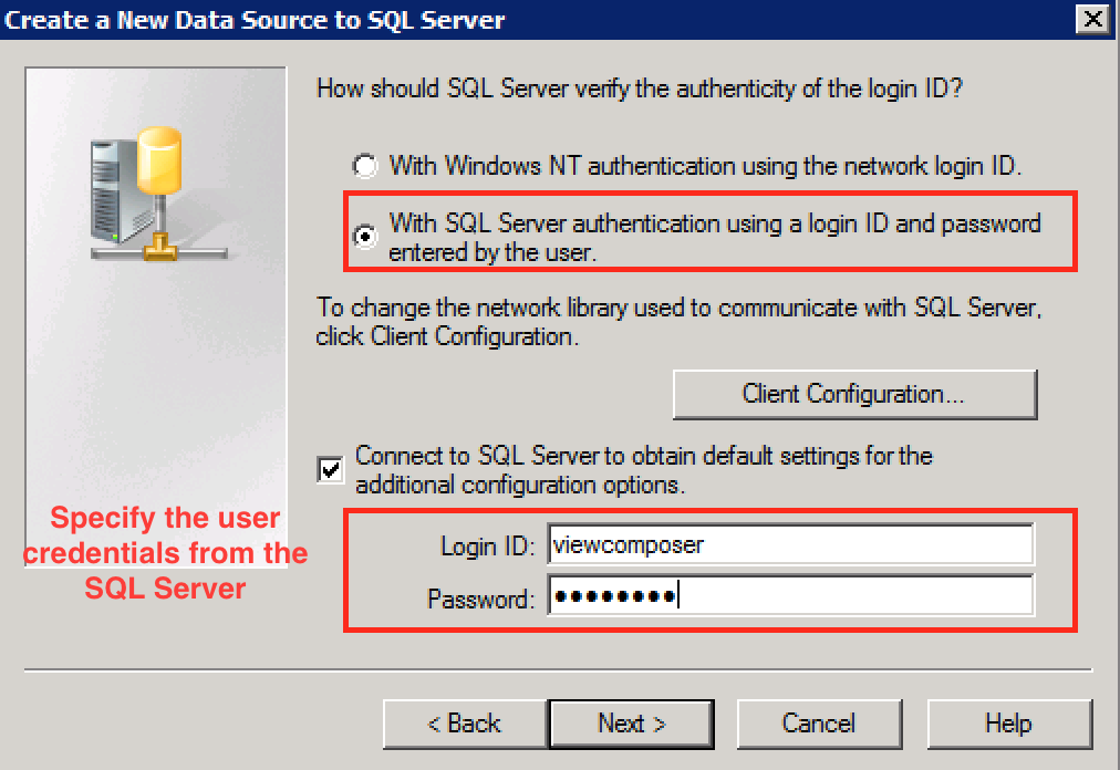 Setting up an ODBC connection for Horizon View Composer