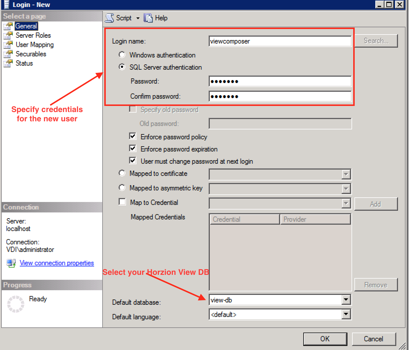 Setting up an ODBC connection for Horizon View Composer