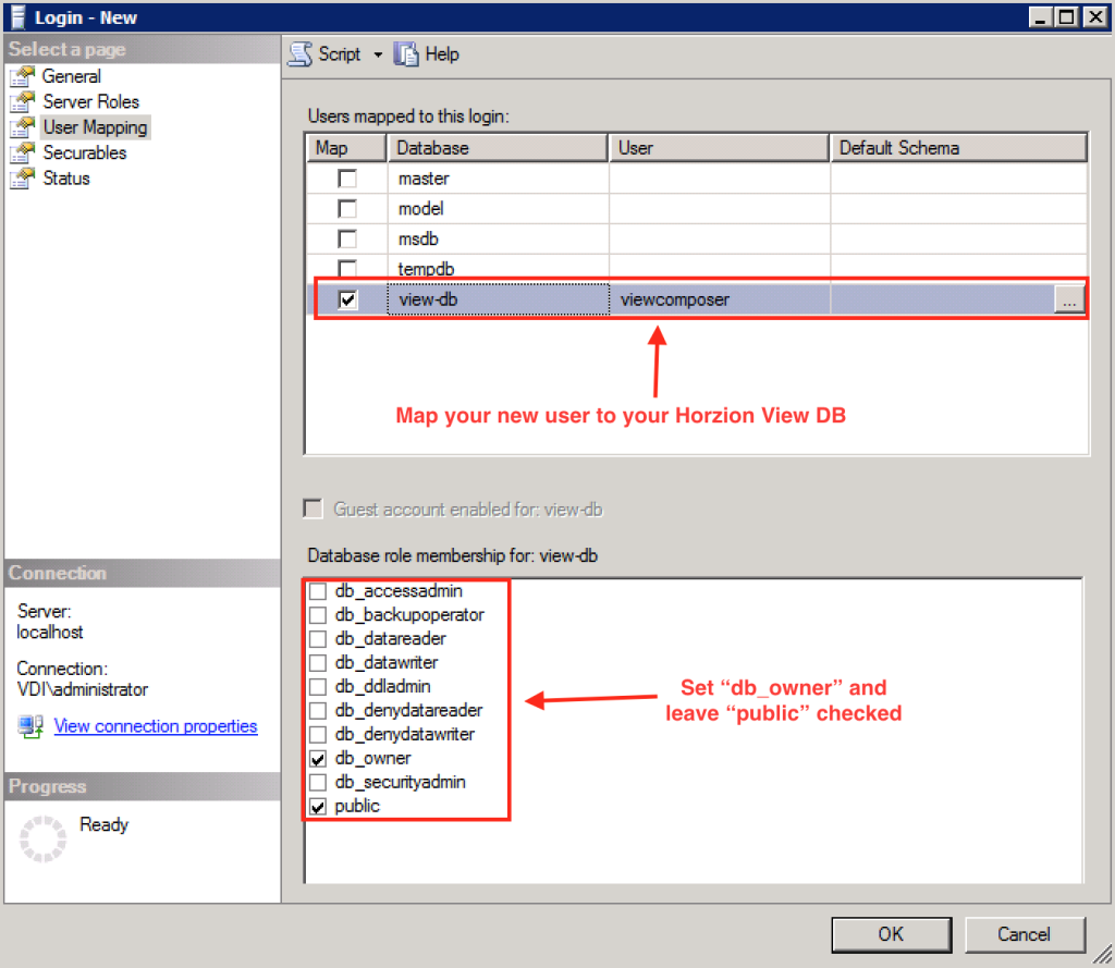 Setting up an ODBC connection for Horizon View Composer